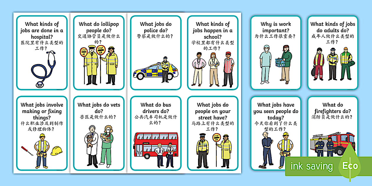 Editable People Who Help Us Job Question Cards - English/Mandarin Chinese