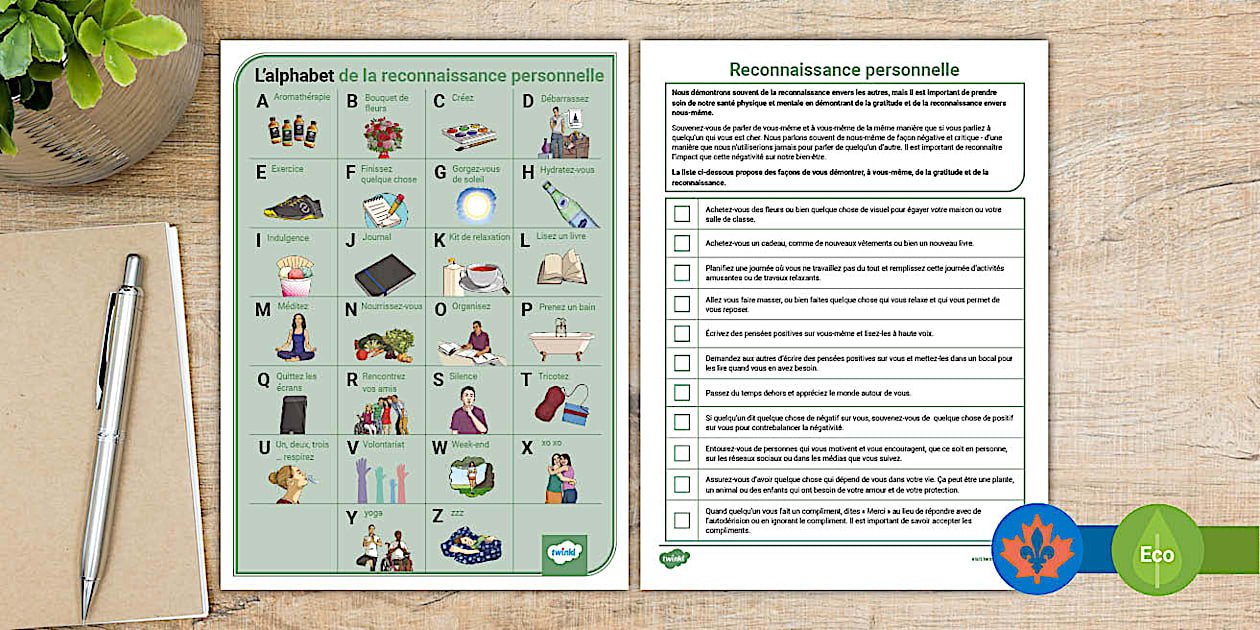Teacher Wellbeing Self-Gratitude Ideas and Poster French