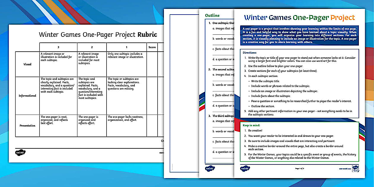 Winter Games One-Pager Project With Rubric for 6th-8th Grade