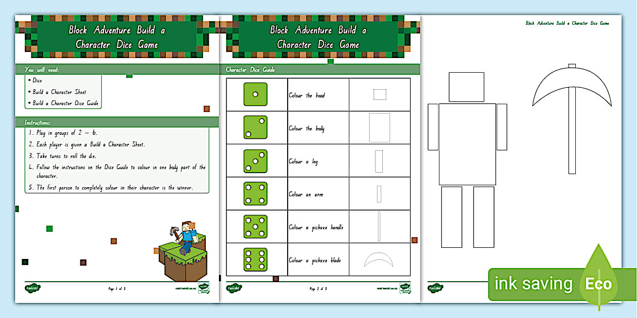 Block Adventure Build a Character Dice Game (teacher made)