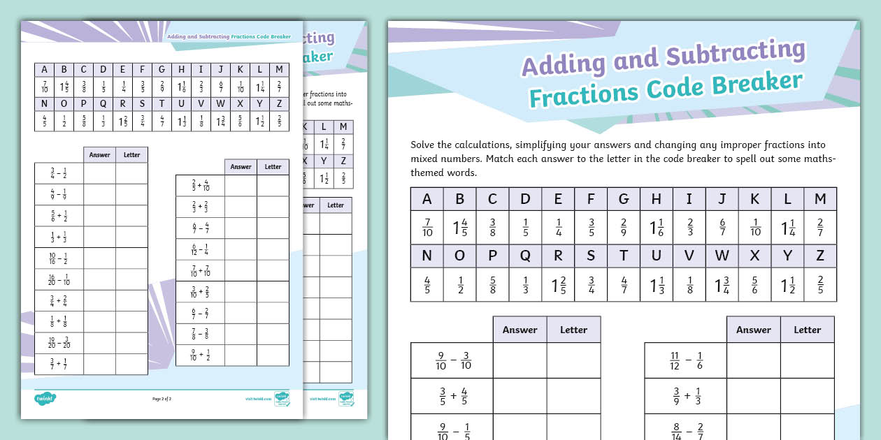 👉 Adding and Subtracting Fractions Code Breaker | Twinkl Yr 5