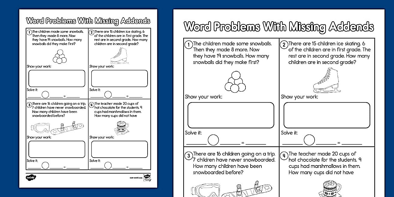 First Grade Winter Word Problems With Missing Addends