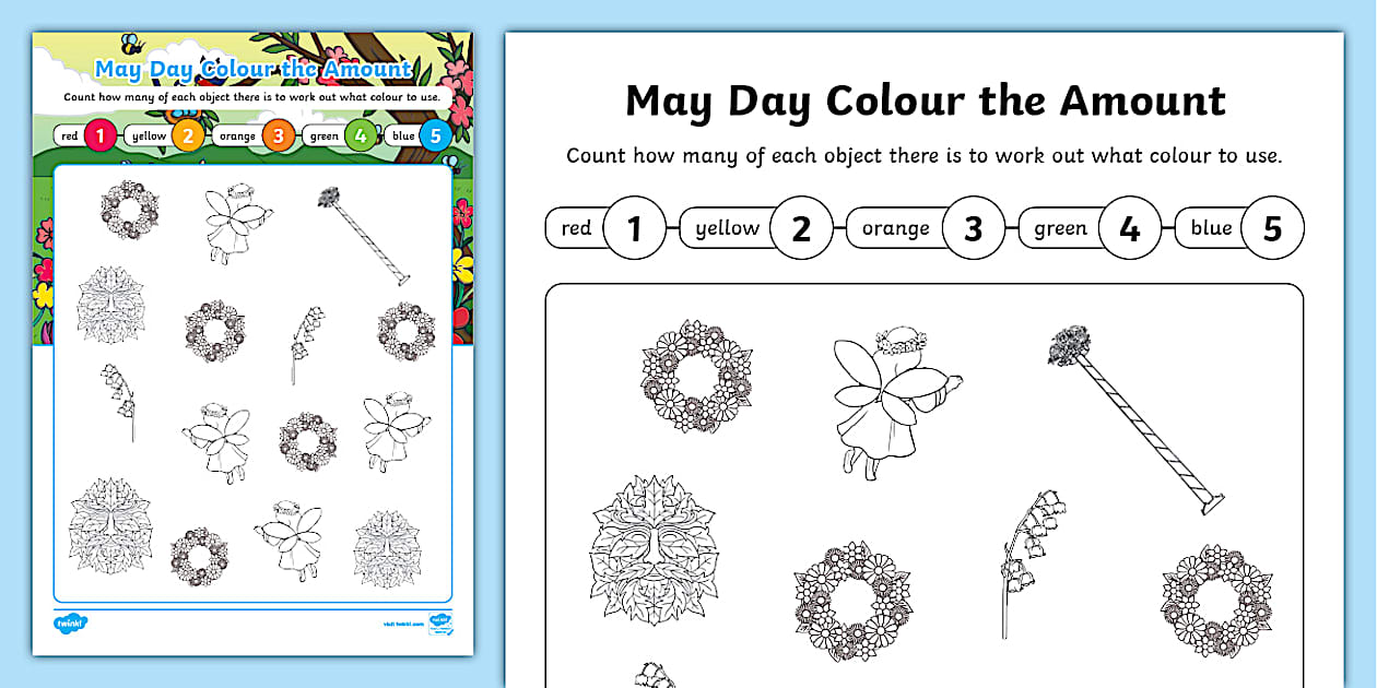 👉 May Day Colour the Amount Worksheet (teacher made)