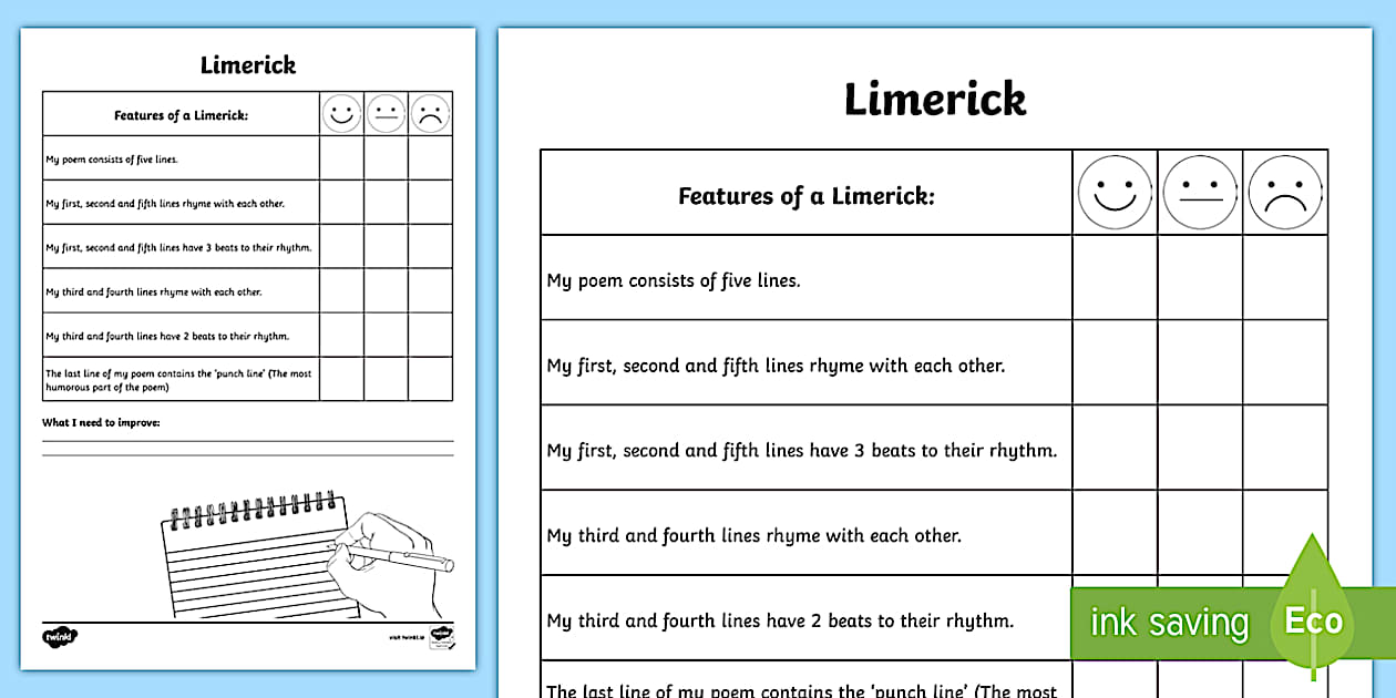 Writing a Limerick Poem Self Assessment Tracker - Twinkl
