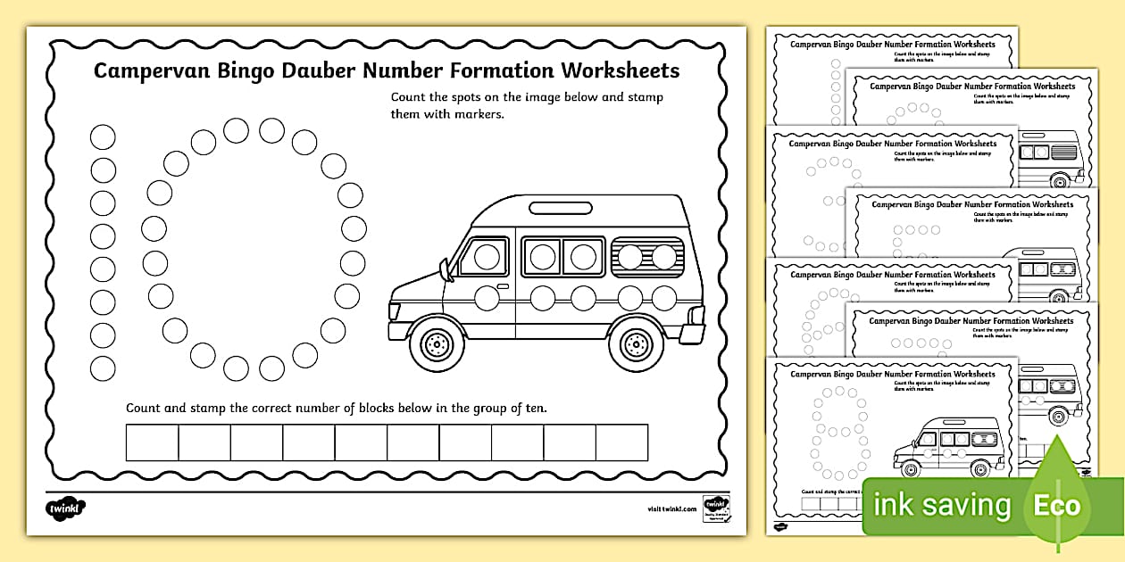 Camper Van Bingo Dauber Number Formation Worksheets - Twinkl