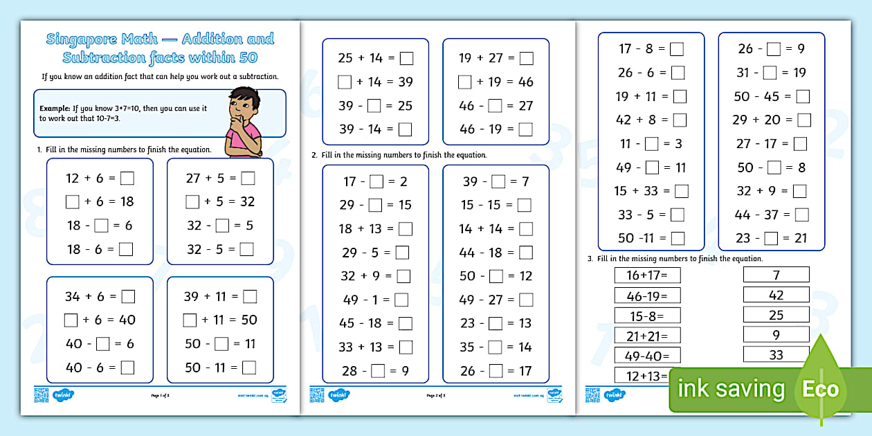 *Singapore Math-- Addition and Subtraction facts within 50*
