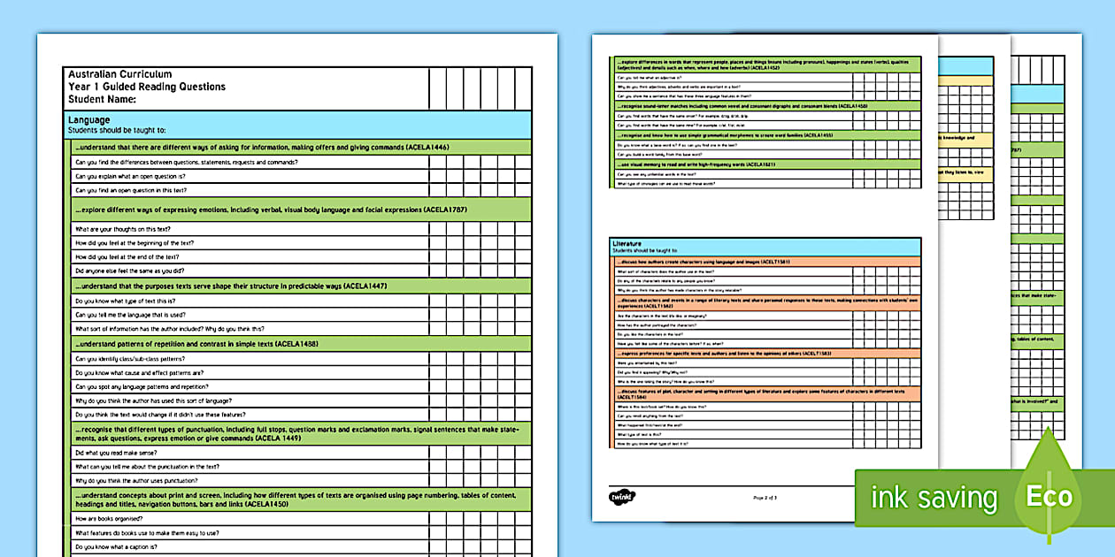 Year 1 Guided Reading Assessment Guidelines Checklist