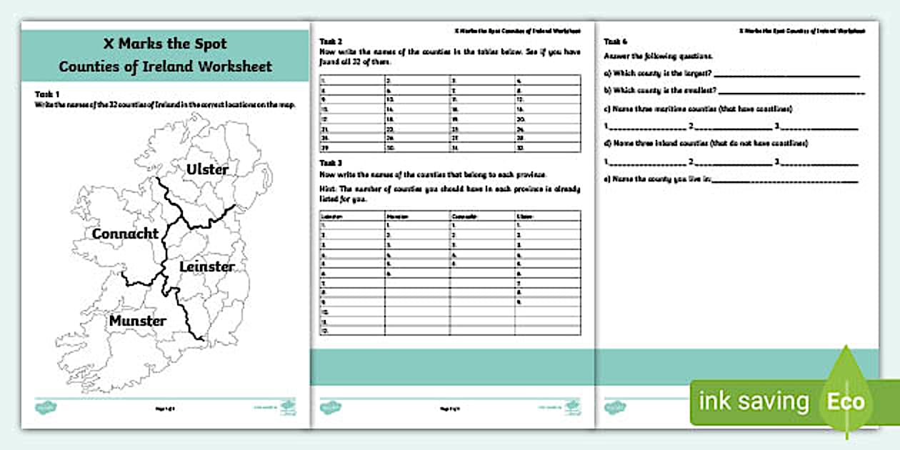 Editable X Marks the Spot Counties of Ireland Worksheet