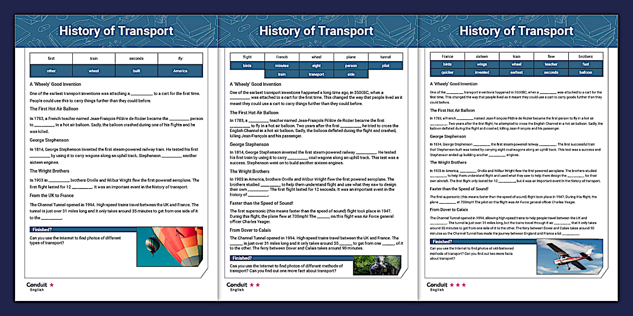 Reinforcing Reading: History of Transport Cloze Passages