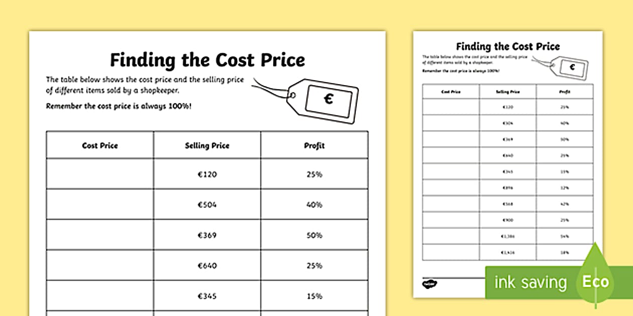 Finding the Cost Price Worksheet 2 - Twinkl