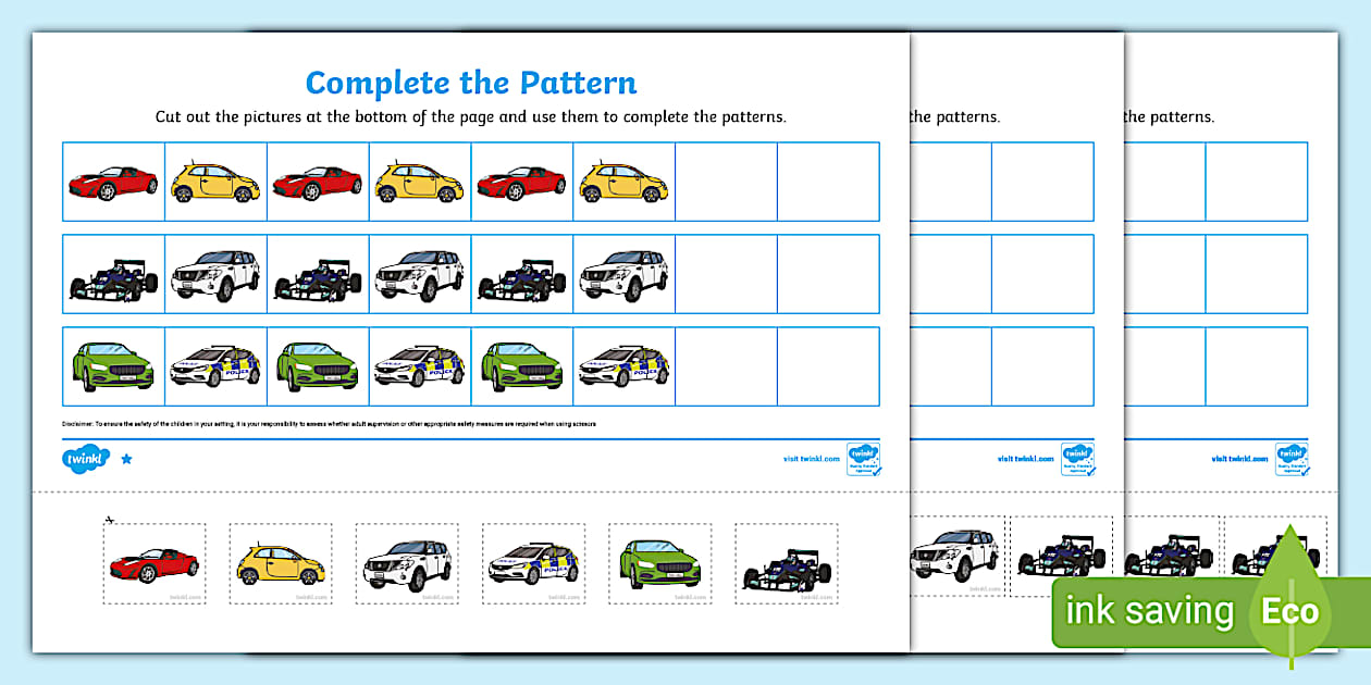 Car-Themed Complete the Pattern Worksheet - Twinkl - EYFS