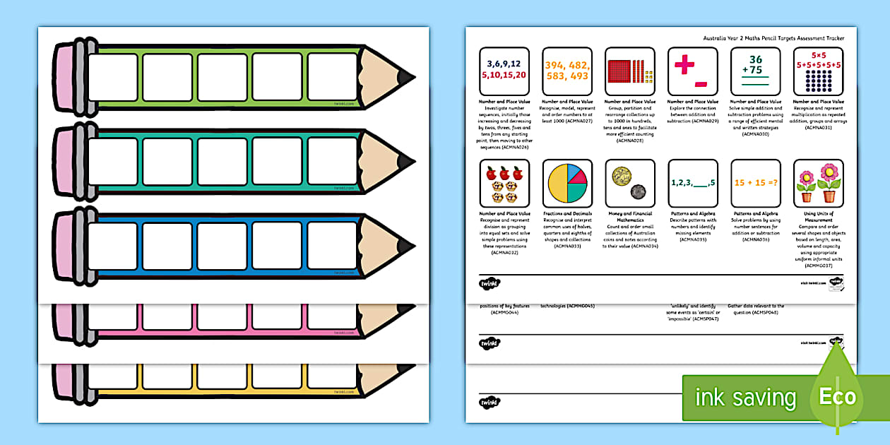 TAS Year 2 Maths Pencil Targets Assessment Tracker - Twinkl