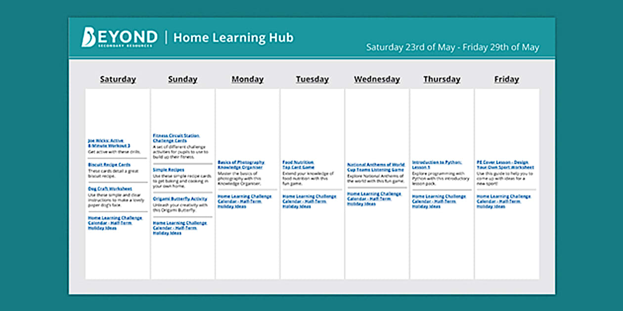 Beyond Home Learning Timetable 23rd to 29th May - Twinkl