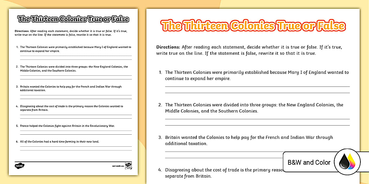Fifth Grade Thirteen Colonies True or False Quiz - Twinkl