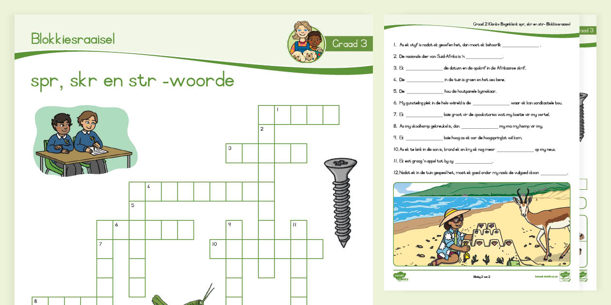 Graad 3 Klanke Blokkiesraaisels spr, skr en str - Twinkl
