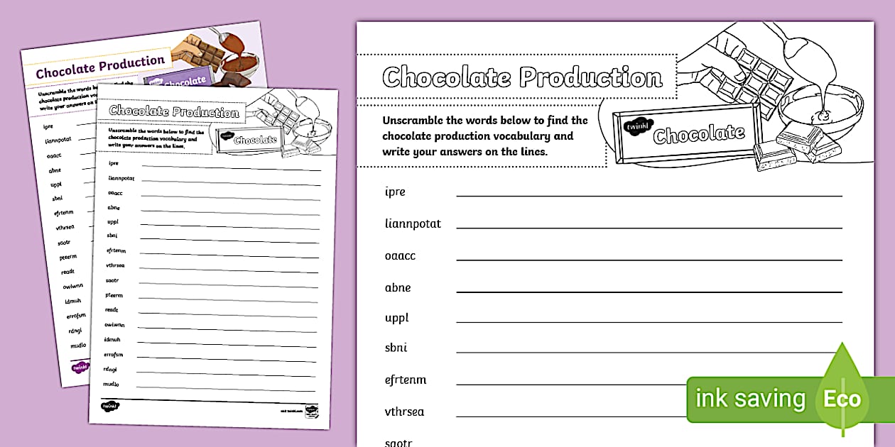 Chocolate Production Word Unscramble Worksheet - Twinkl