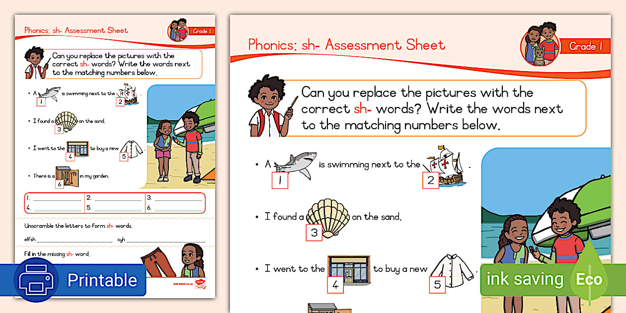 Grade 1 Phonics: sh- Assessment Sheet - Twinkl