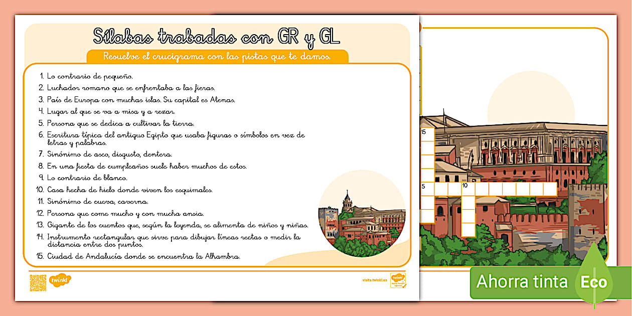Crucigrama: Sílabas trabadas con GR y GL - Twinkl
