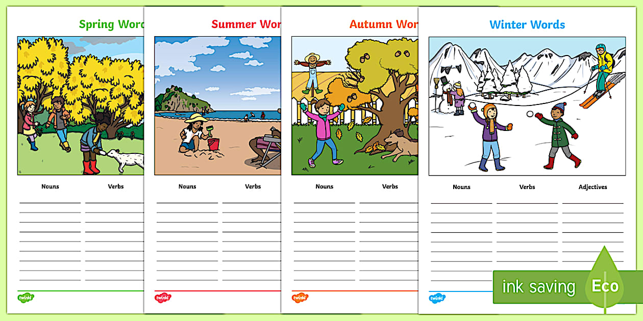 Black and White Seasons-Themed Verb Adjective Noun Picture Worksheets