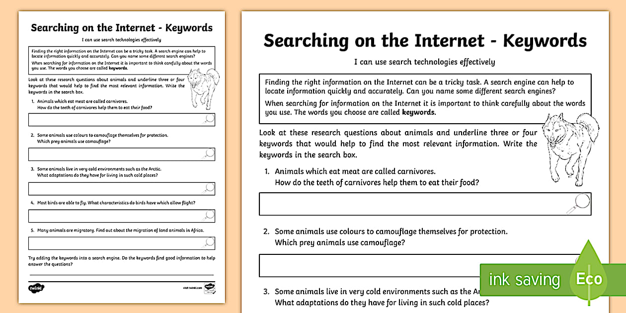 Searching the Internet: Animal Keywords Worksheet / Worksheet