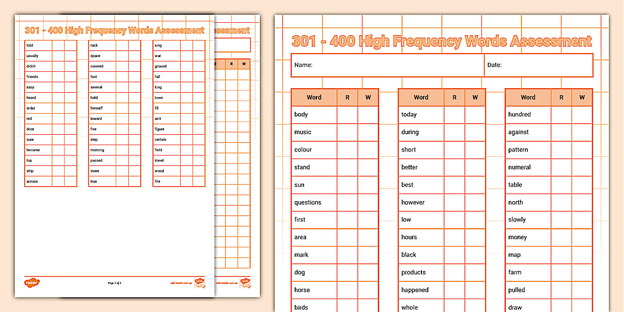 301 - 400 High Frequency Words Assessment Checklist - Twinkl