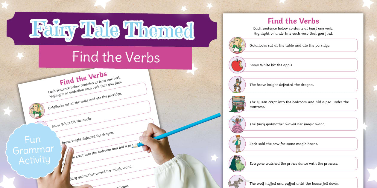 Fairy Tale Themed Find the Verbs Worksheet - Twinkl - KS1