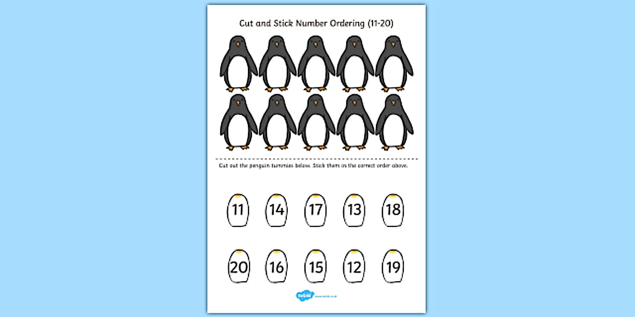 Cut and Stick Number Ordering Penguin Activity 11-20 - number