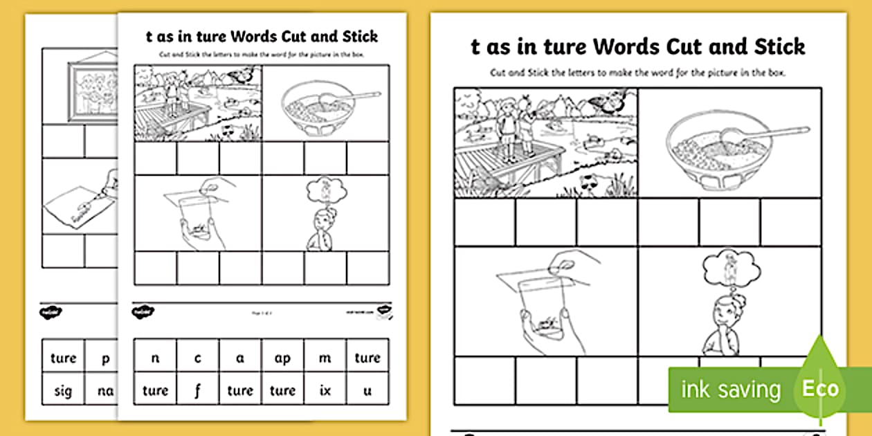 't' as 'ture' Sound Cut and Stick Worksheet (teacher made)