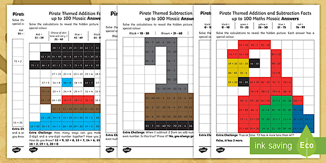 Pirate Addition and Subtraction Facts to 100 Mosaic Worksheets