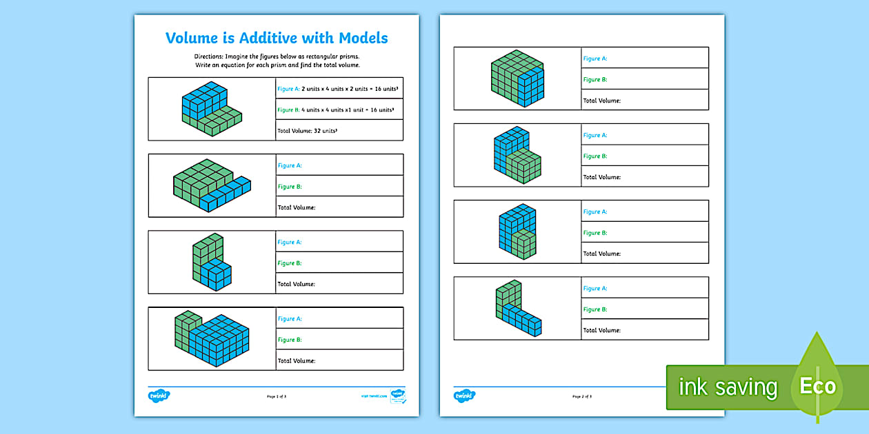 Volume is Additive With Models Worksheet for 3rd-5th Grade