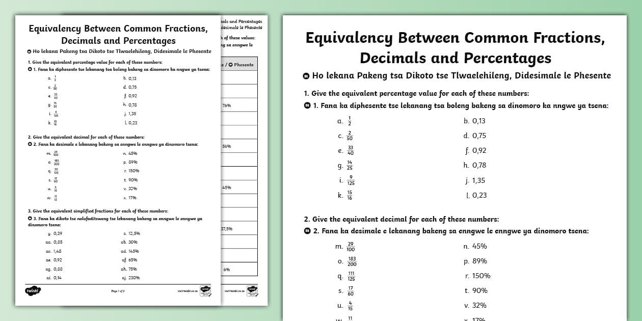 Equivalency Between Common Fractions, Decimals and Percentages Activity ...