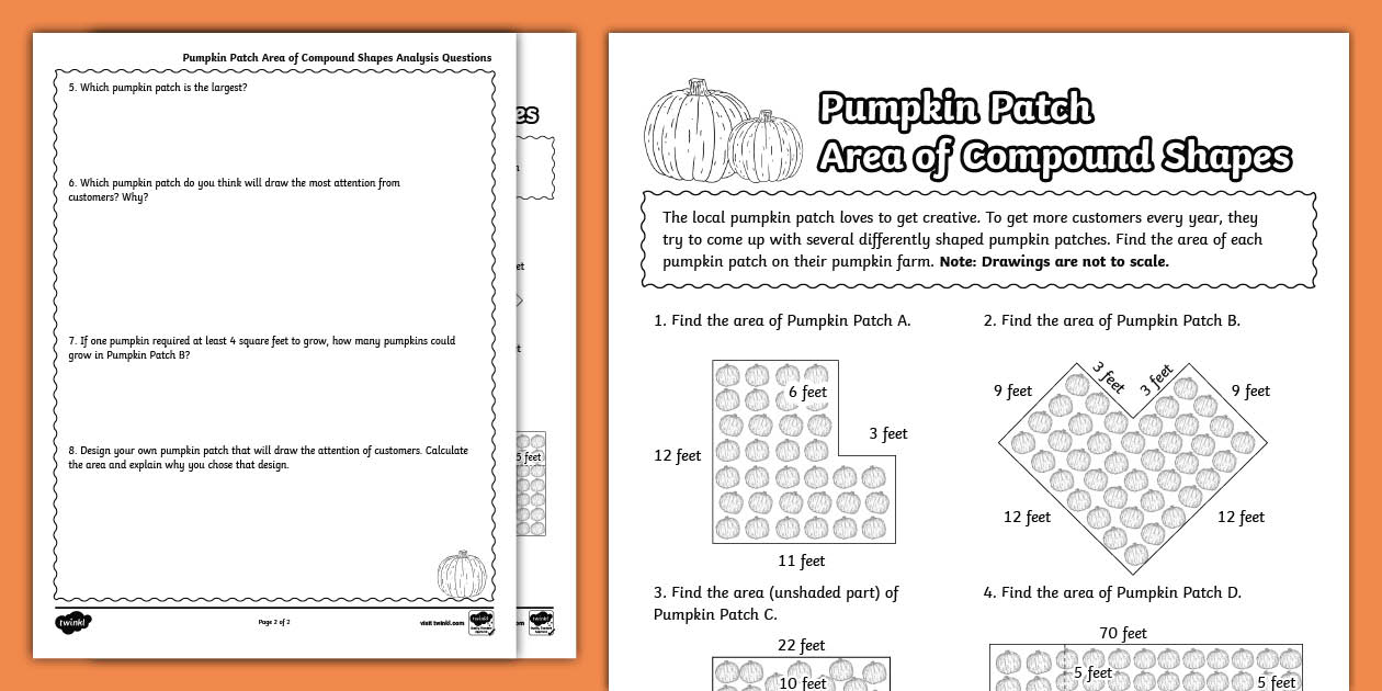 Sixth Grade Pumpkin Patch Area of Compound Shapes Worksheet