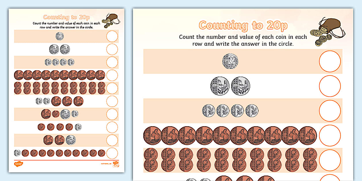 👉 British (UK) Coins Counting to 20p Worksheet - Twinkl