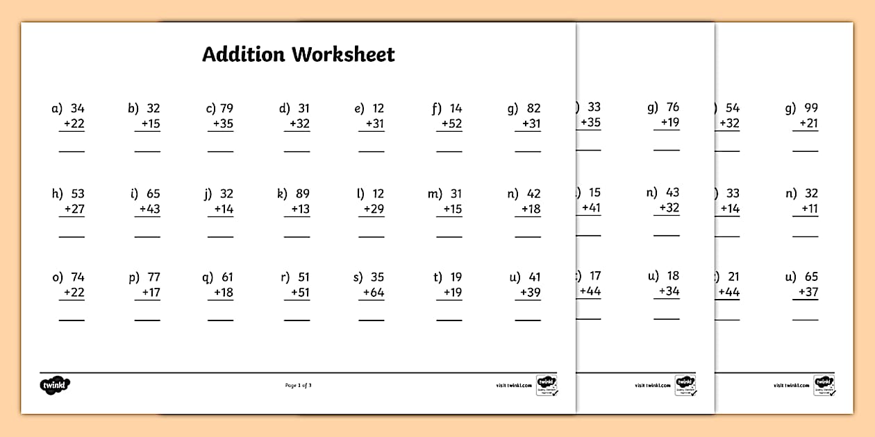 2 Digit Number Addition Worksheets - Maths (teacher made)