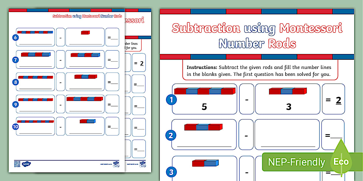 Subtraction using Montessori Number Rods - Twinkl