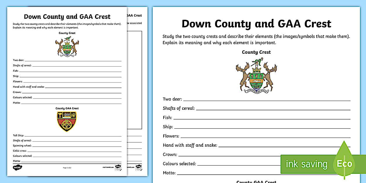 Down County and GAA Crest Worksheet / Worksheet - Twinkl