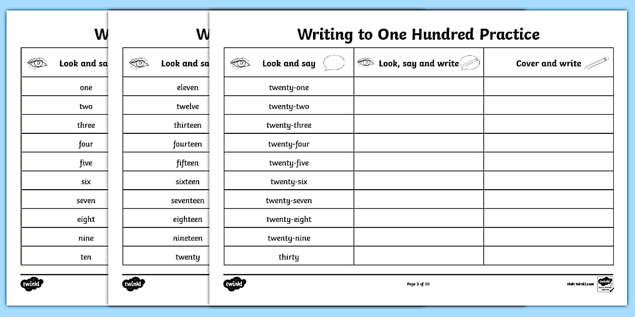 Cursive Number Words One to a Hundred Writing Practice Worksheets