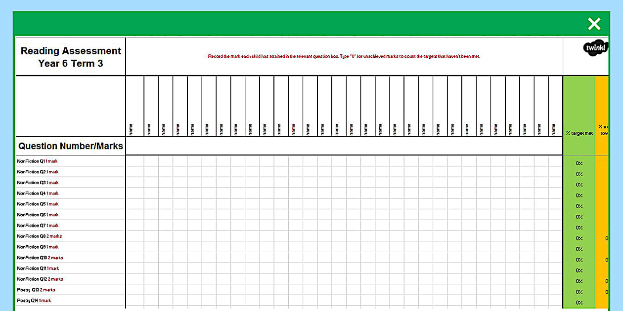 Year 6 Reading Assessment Spreadsheet Term 3 - Twinkl