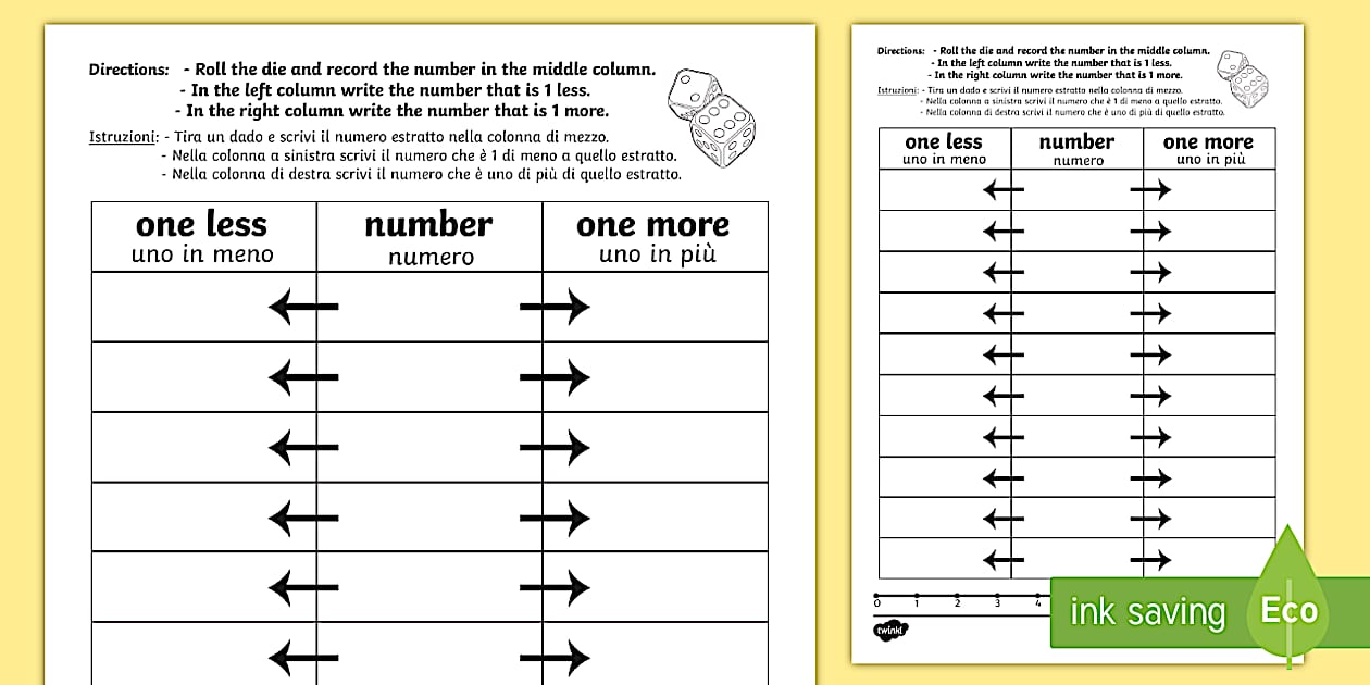 One More One Less Dice Worksheet / Worksheet English/Italian - One More One