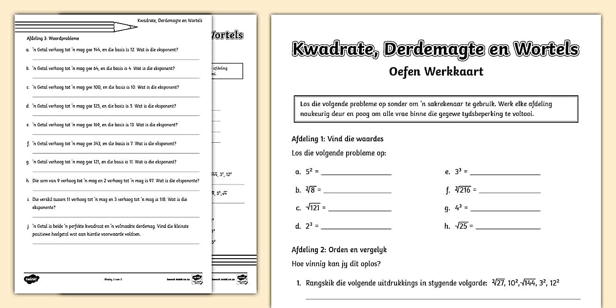 Kwadrate, Derdemagte en Wortels Oefen Werkkaart - Twinkl