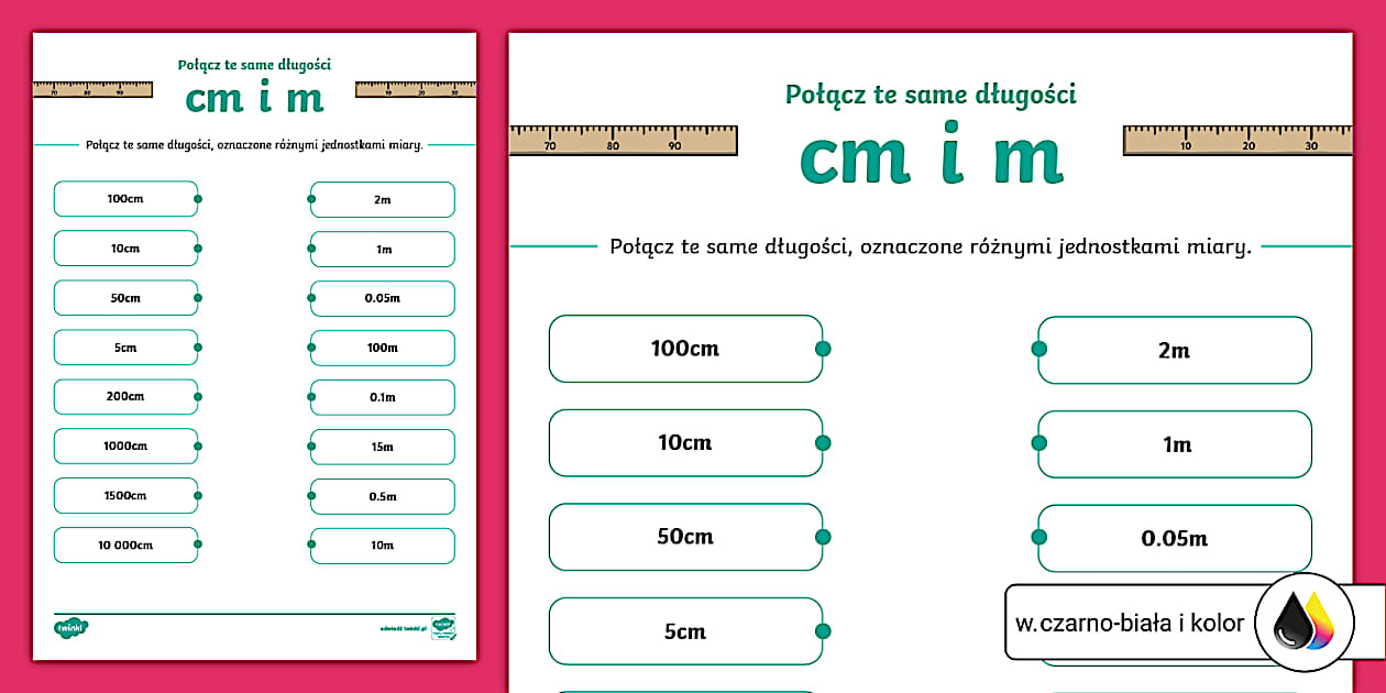 Połącz te same długości | Centymetry i metry | Jednostki miary