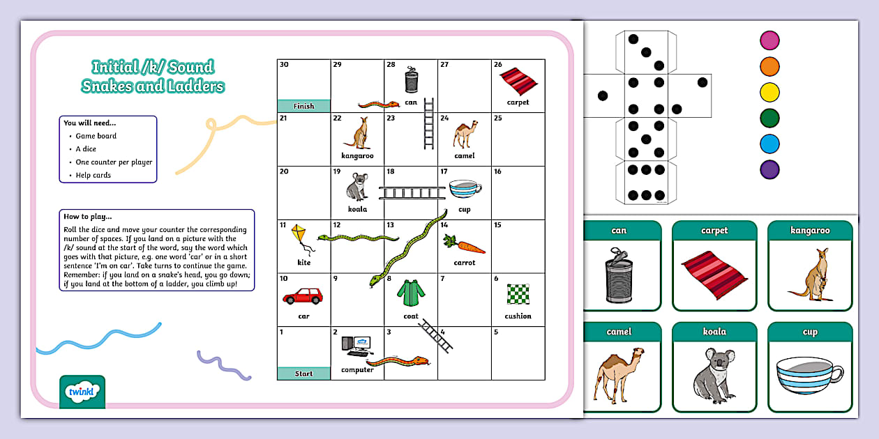 Initial /k/ Sound Snakes and Ladders (teacher made) - Twinkl