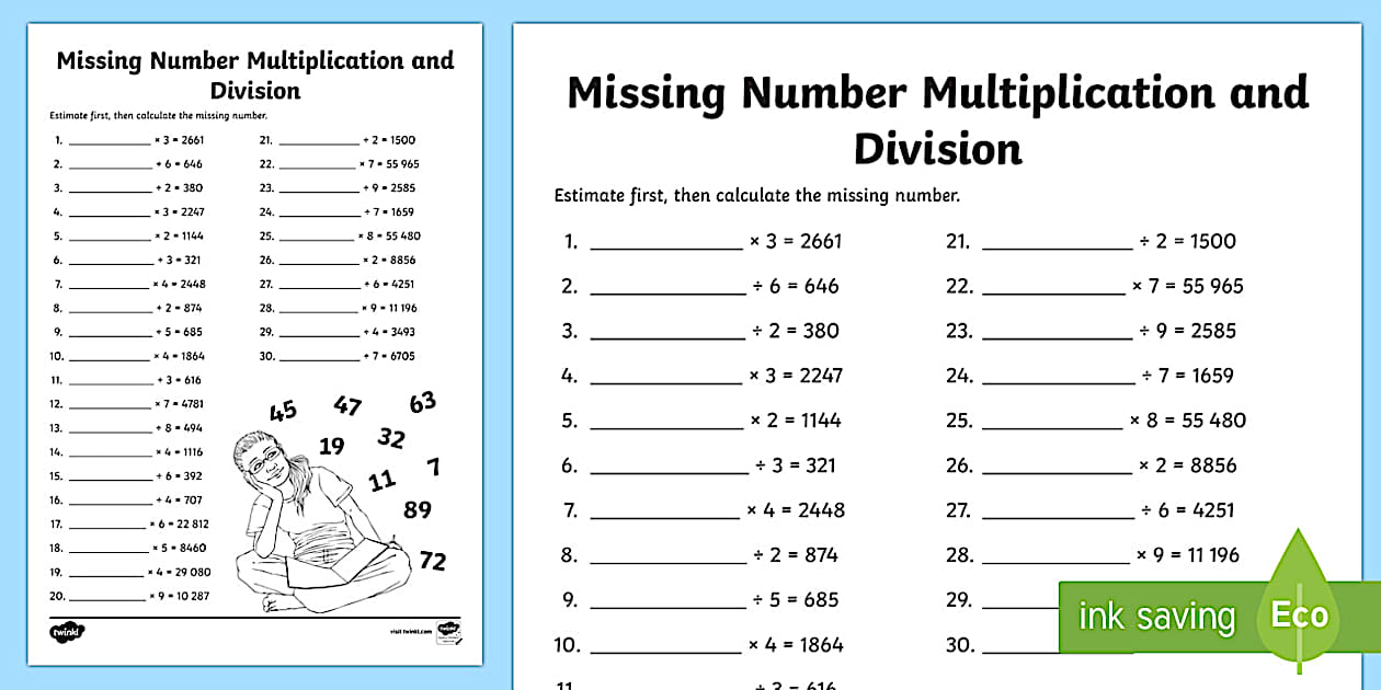 Editable Missing Number Multiplication and Division Worksheet