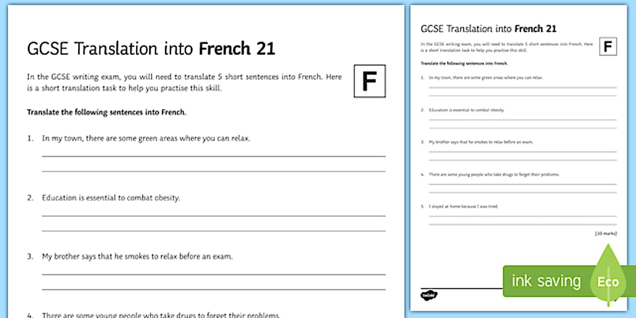 GCSE Translation into French 21 Foundation Tier Worksheet / Worksheet