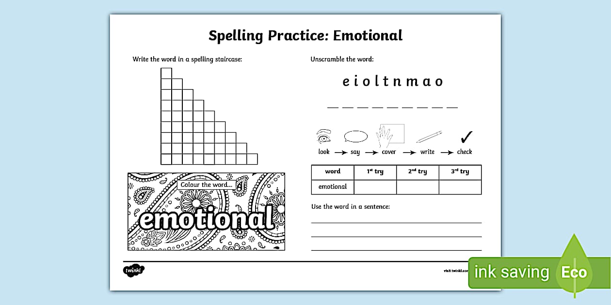Emotional Spelling Practice Worksheet