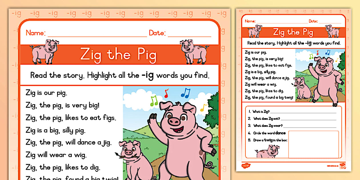 Grade 1 Independent Reading Assessment Activity and Rubric - 'ig' sound