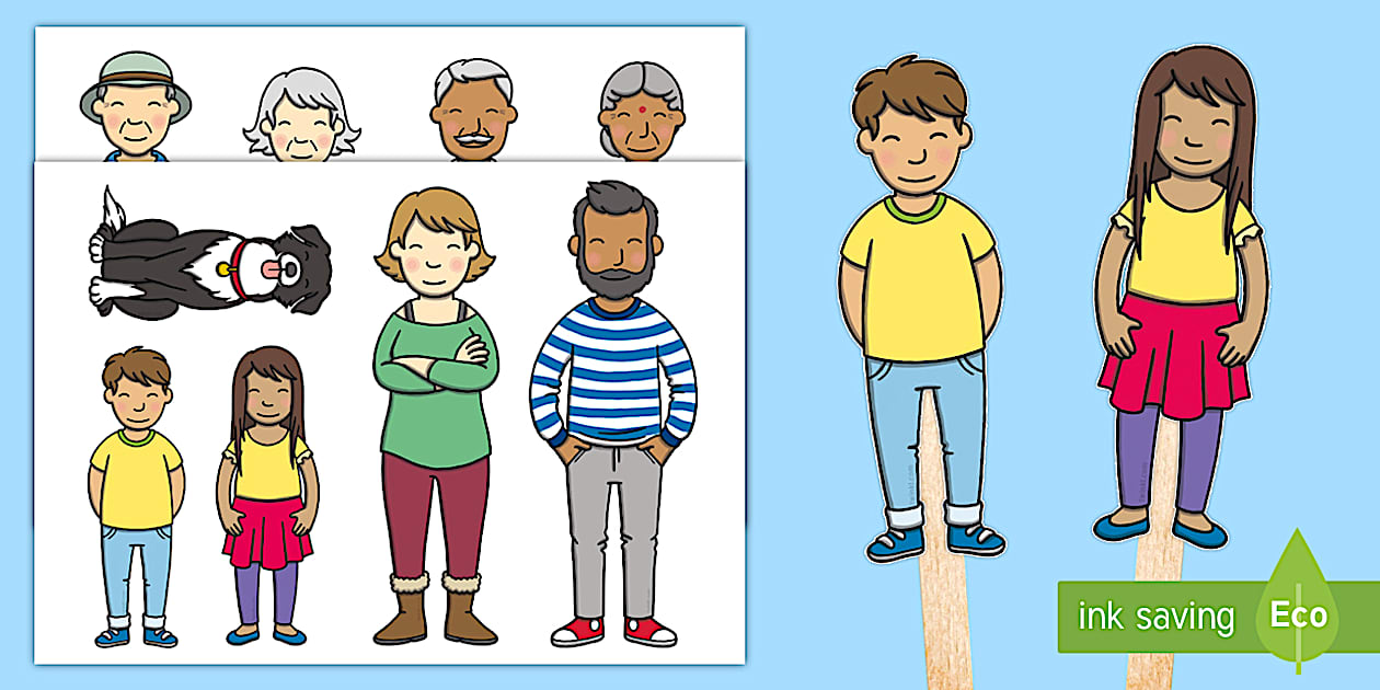 Black and White Twinkl Phonics Family Stick Puppets - Twinkl