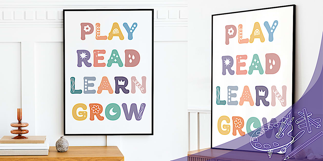 Play Read Learn Grow Pastel Colours Inspirational Poster