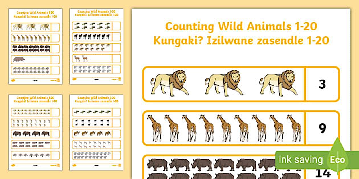 Counting Worksheet isiZulu | Wild Animals Counting 1-20