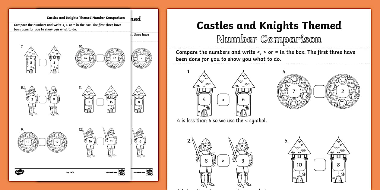 Castles and Knights Themed Number Comparison Activity Sheet